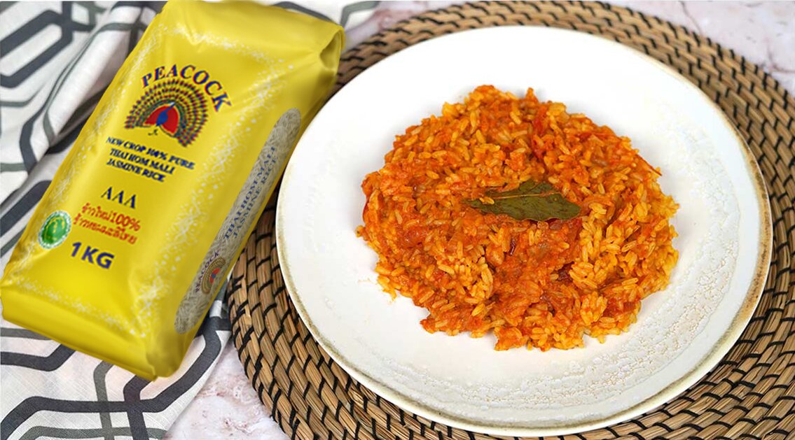 Fragrant Ghanaian Jollof Rice Recipe with Peacock Thai Hom Mali Jasmine ...